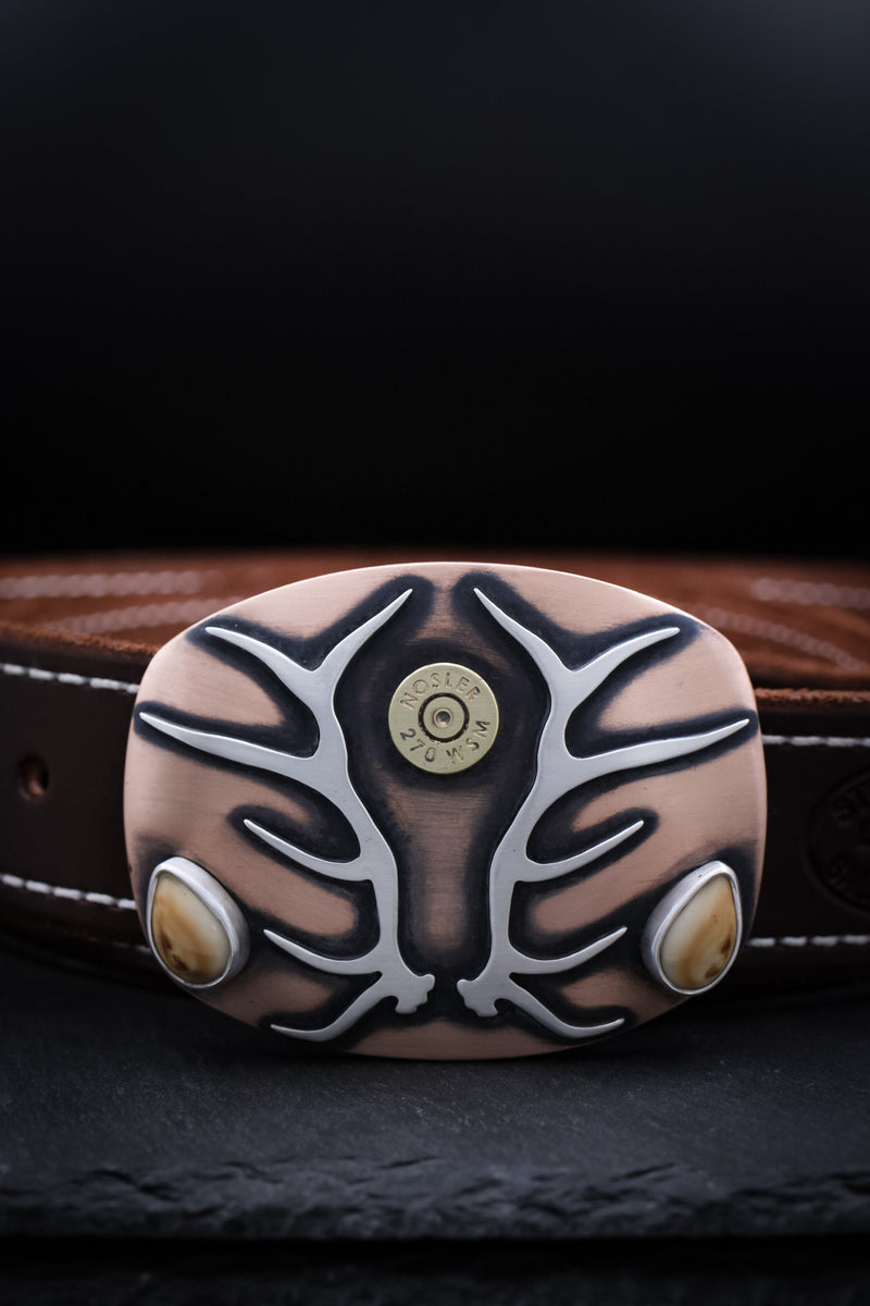 Elk Ivory Belt Buckle • Rifle Hunter – Hammered In The Mountains