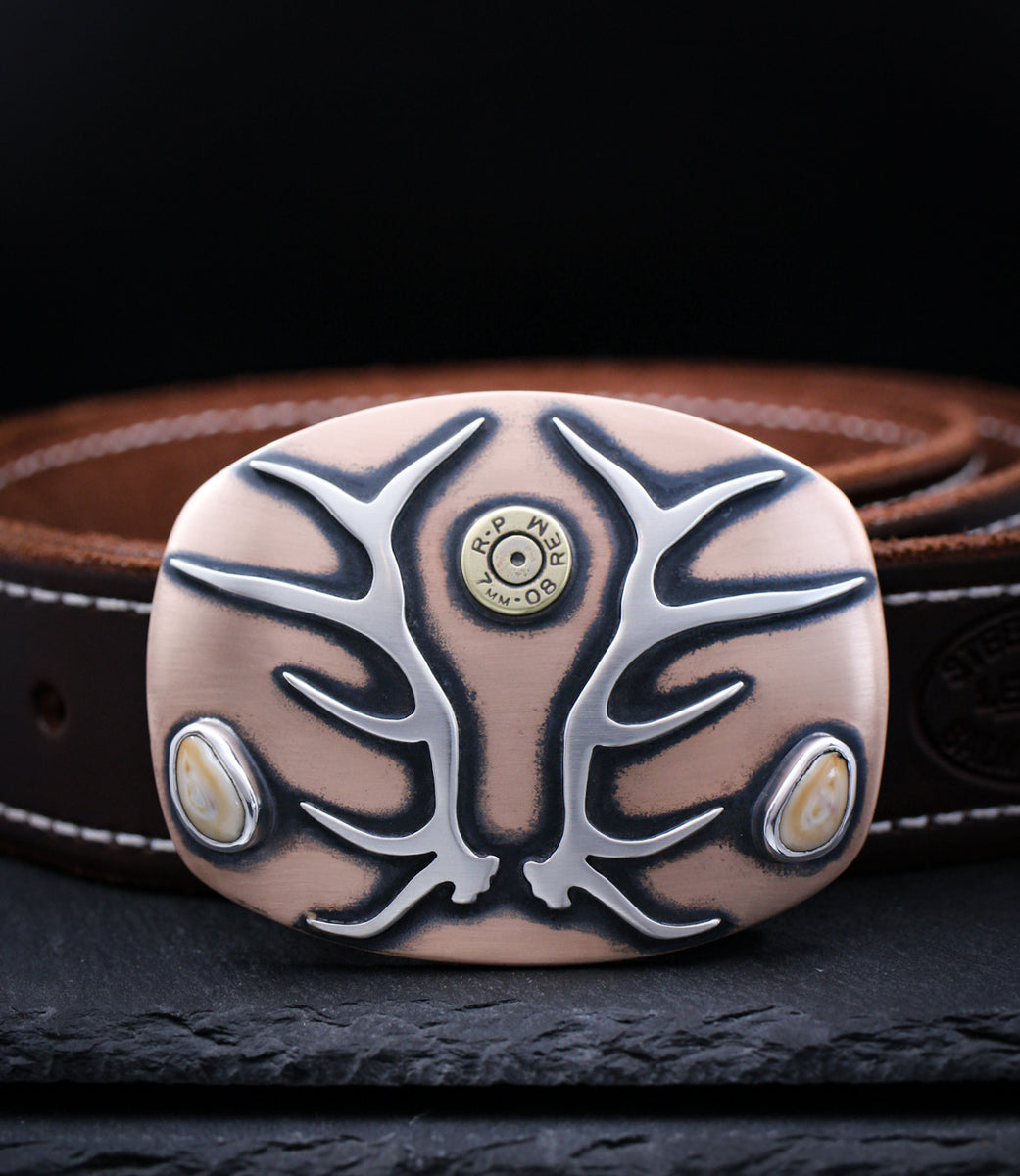 Elk Ivory Belt Buckle • Rifle Hunter – Hammered In The Mountains