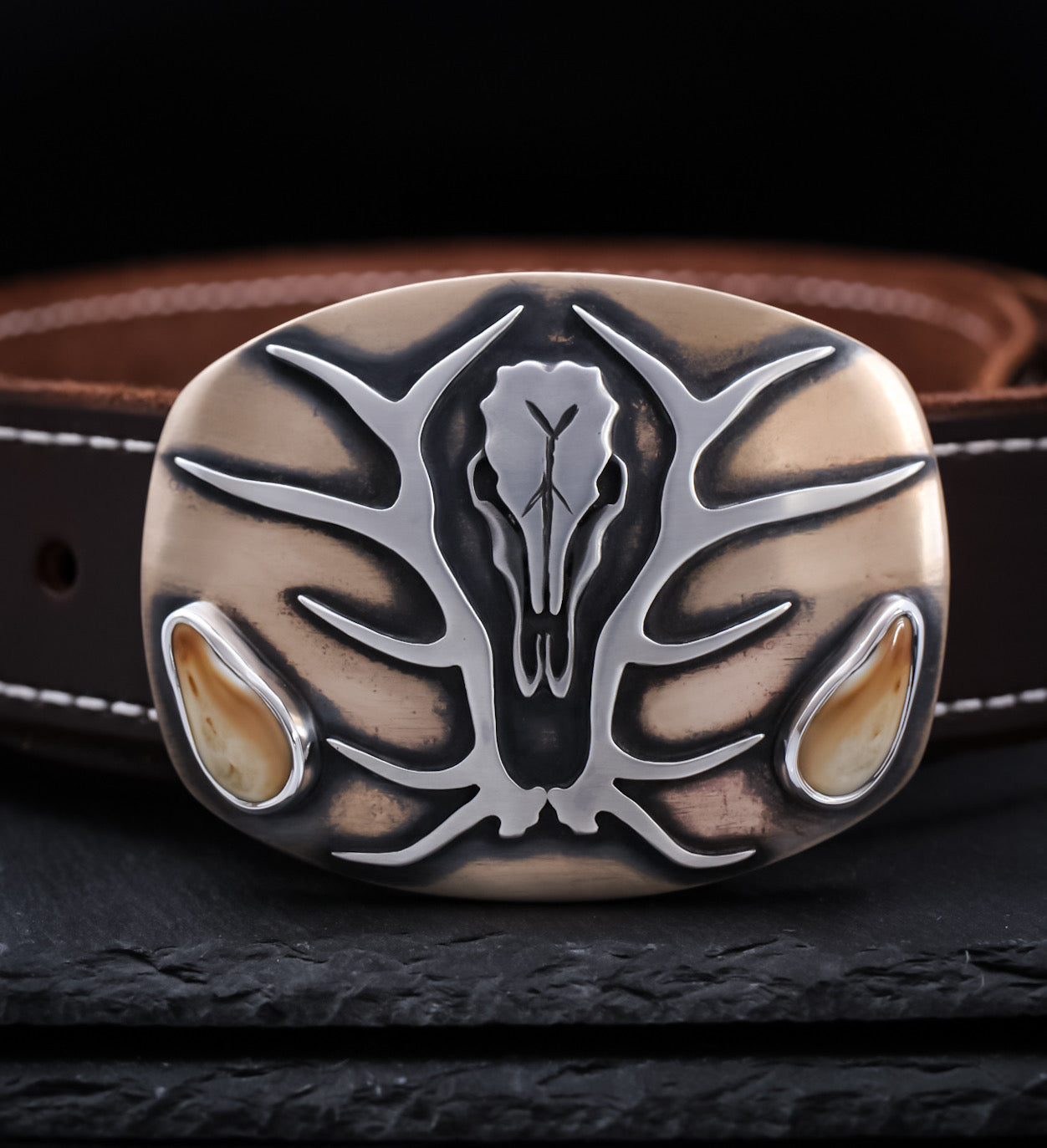 Elk Ivory Belt Buckle • Elk Skull – Hammered In The Mountains