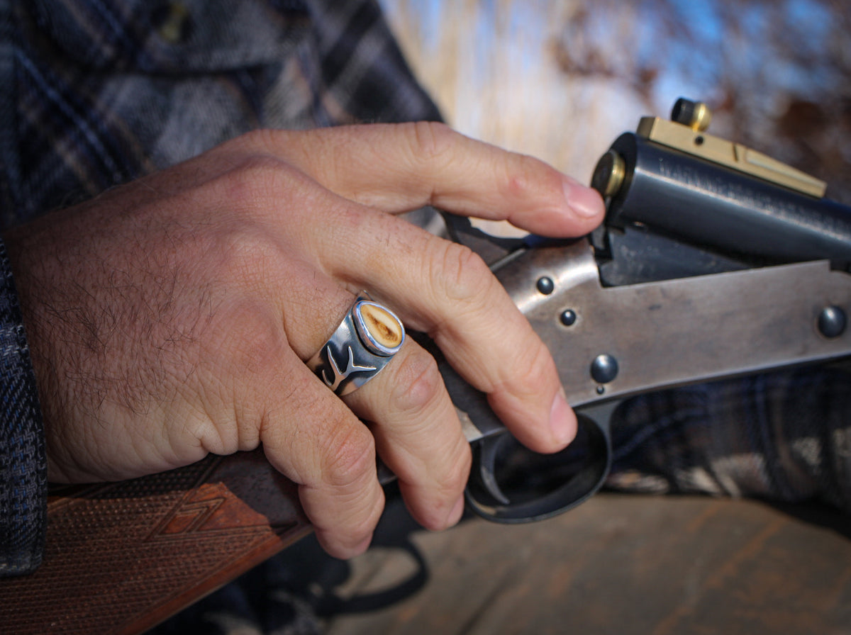 Men’s Elk Ivory Antler Ring – Hammered In The Mountains